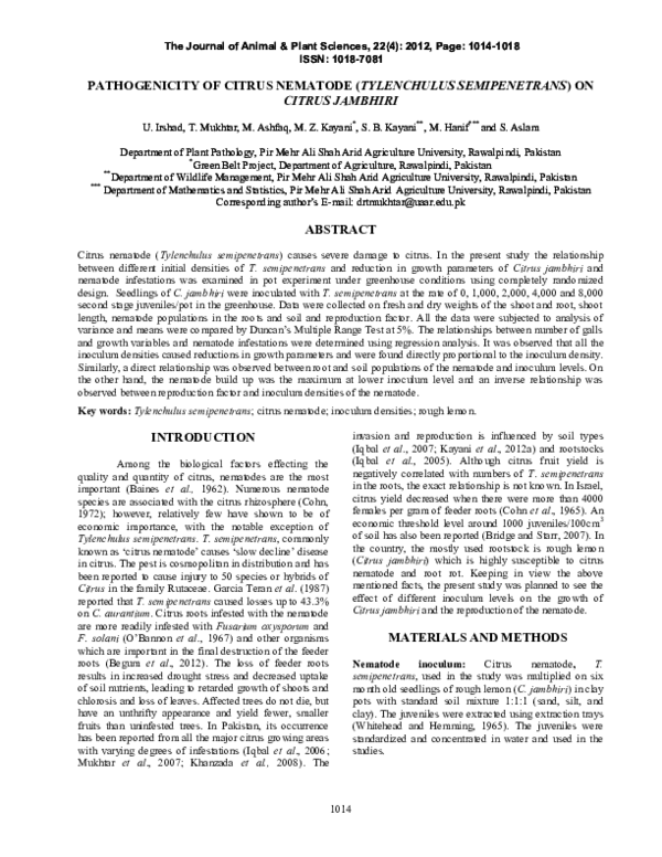 (PDF) PATHOGENICITY OF CITRUS NEMATODE (TYLENCHULUS SEMIPENETRANS) ON ...