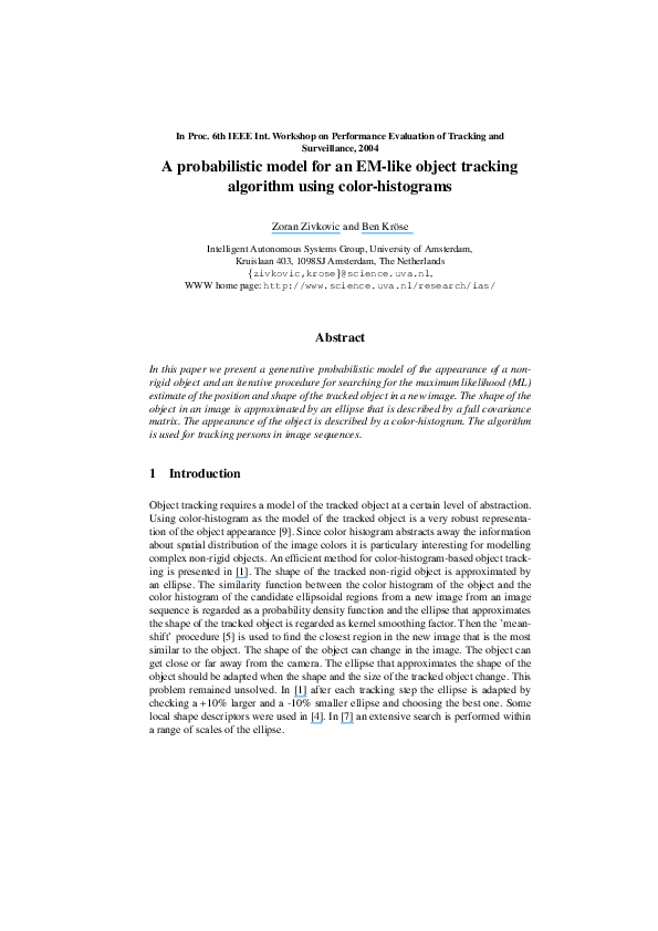 (PDF) A probabilistic model for an EM-like object tracking algorithm using color-histograms