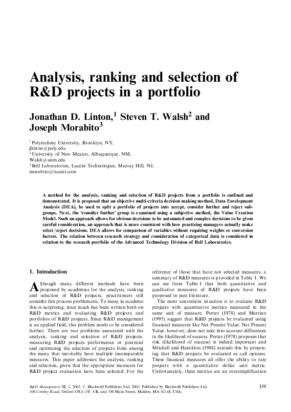 (PDF) Analysis, ranking and selection of R&D projects in a portfolio