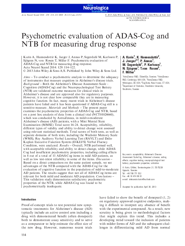 (PDF) Psychometric evaluation of ADAS-Cog and NTB for measuring drug ...