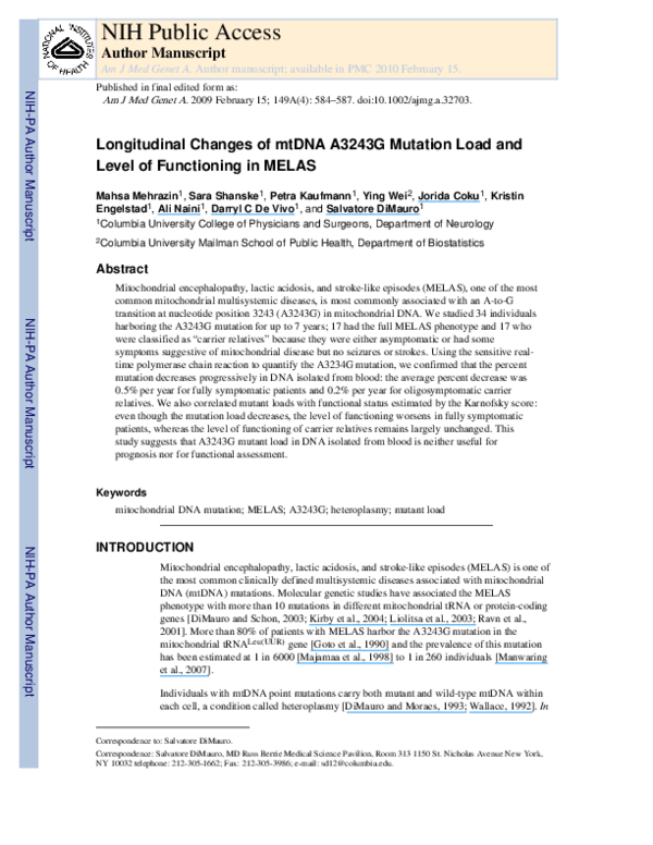 (PDF) Longitudinal changes of mtDNA A3243G mutation load and level of ...