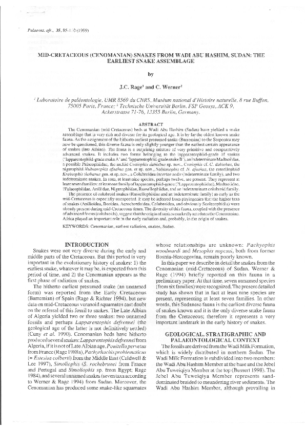 (PDF) MID-CRETACEOUS (CENOMANIAN) SNAKES FROM WADI ABU HASHIM, SUD AN ...
