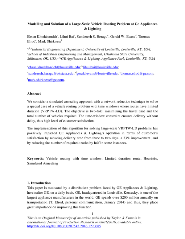 (PDF) Modelling and Solution of a Large-Scale Vehicle Routing Problem at Ge Appliances & Lighting