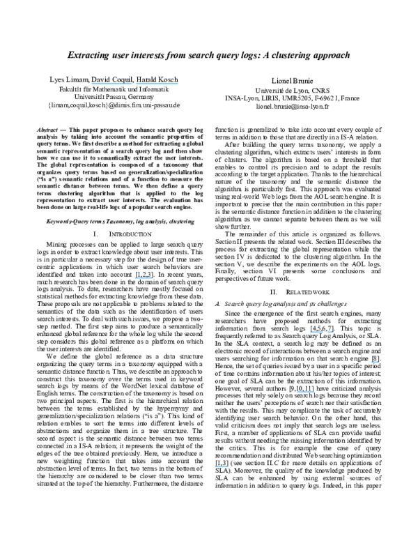 Pdf Extracting User Interests From Search Query Logs A Clustering Approach