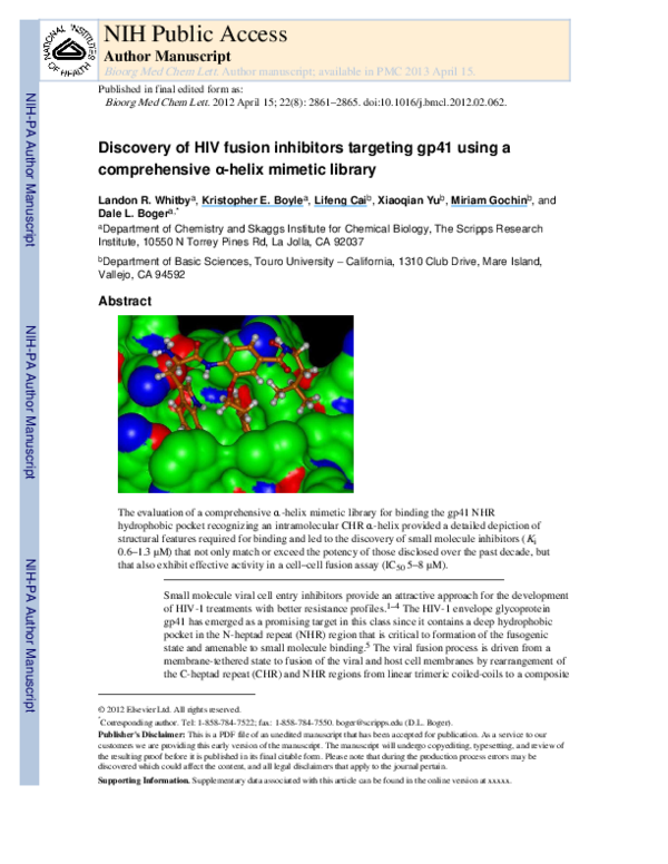 (PDF) Discovery of HIV fusion inhibitors targeting gp41 using a ...