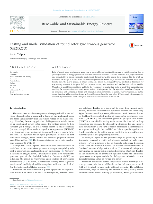Pdf Testing And Model Validation Of Round Rotor Synchronous Generator