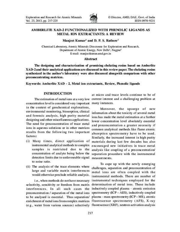 (PDF) AMBERLITE XAD-2 FUNCTIONALIZED WITH PHENOLIC LIGANDS AS METAL ION EXTRACTANTS: A REVIEW