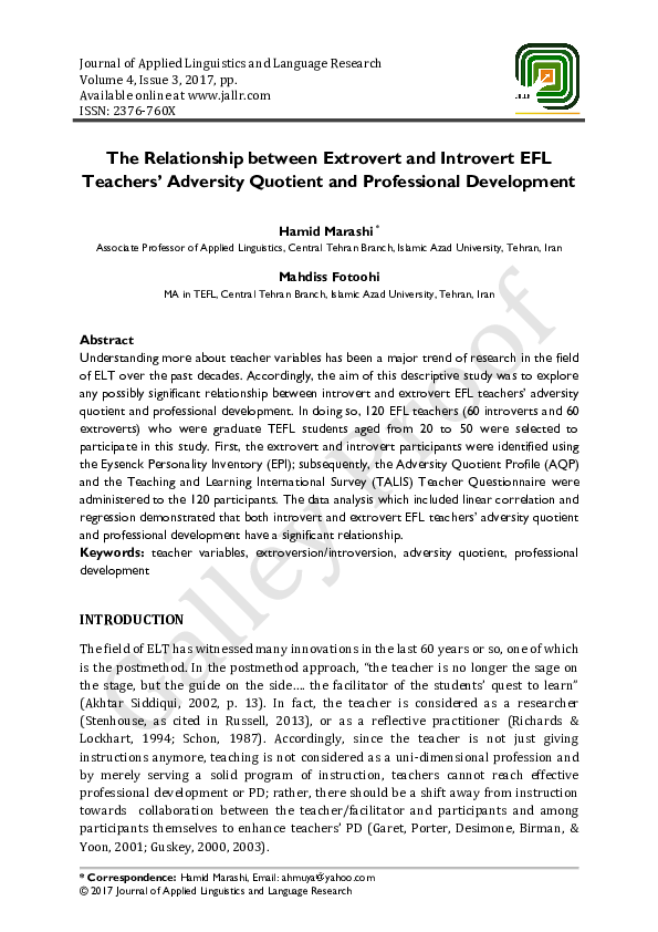 (PDF) The Relationship between Extrovert and Introvert EFL Teachers ...