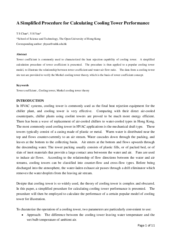 (PDF) A Simplified Procedure for Calculating Cooling Tower Performance