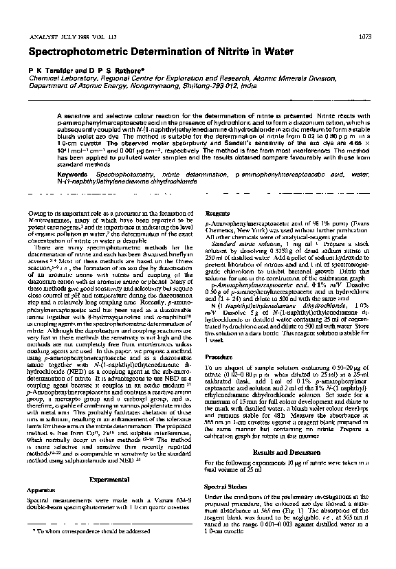 Pdf Spectrophotometric Determination Of Nitrite In Water