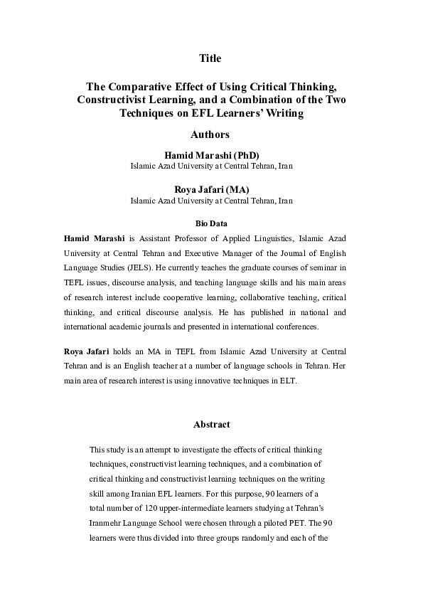 Doc The Comparative Effect Of Using Critical Thinking Constructivist Learning And A