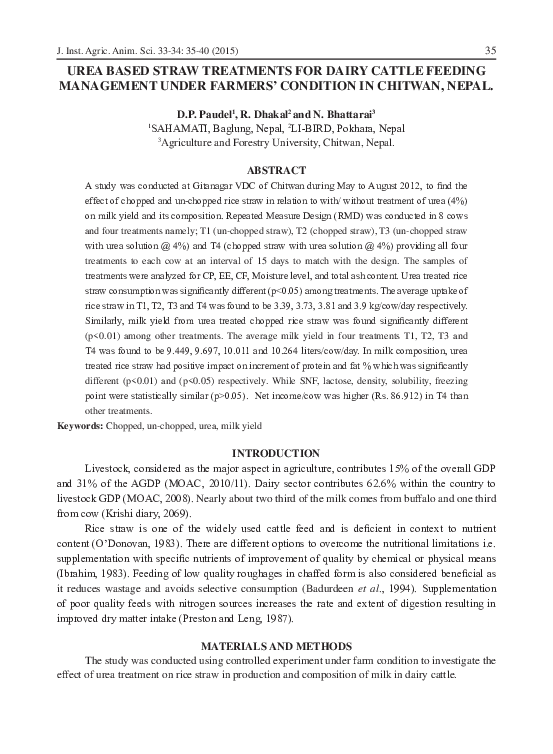 (PDF) UREA BASED STRAW TREATMENTS FOR DAIRY CATTLE FEEDING MANAGEMENT ...
