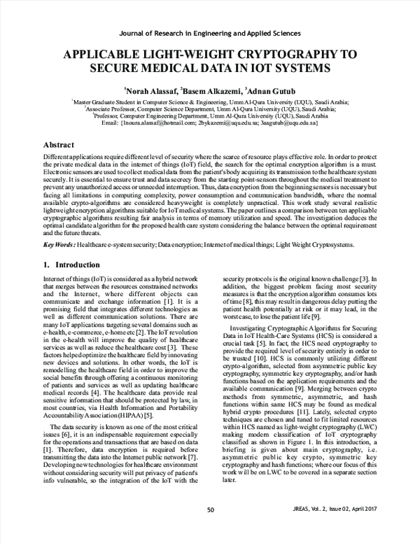 (PDF) Applicable Light-Weight Cryptography to Secure Medical Data In IoT Systems