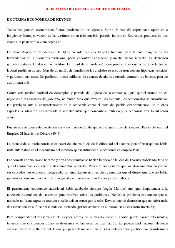 (DOC) JOHN MAYNARD KEYNES VS MILTON FRIEDMAN DOCTRINA ECONÓMICA DE KEYNES
