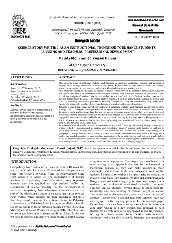 (PDF) SCIENCE STORY WRITING AS AN INSTRUCTIONAL TECHNIQUE TO ENHANCE ...