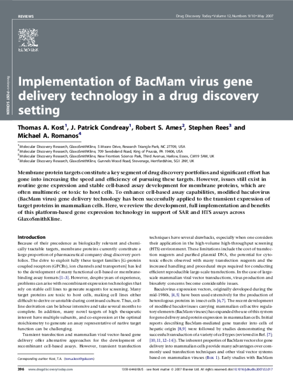 (PDF) Implementation of BacMam virus gene delivery technology in a drug ...