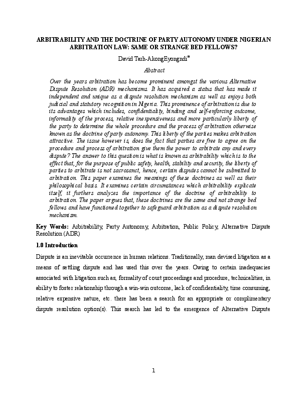(DOC) ARBITRABILITY AND THE DOCTRINE OF PARTY AUTONOMY UNDER NIGERIAN ...