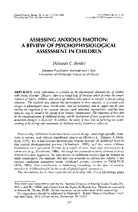 (PDF) Psychophysiological Assessment of Anxiety in Kids