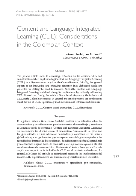 (PDF) Content and Language Integrated Learning (CLIL): Considerations in the Colombian Context 1
