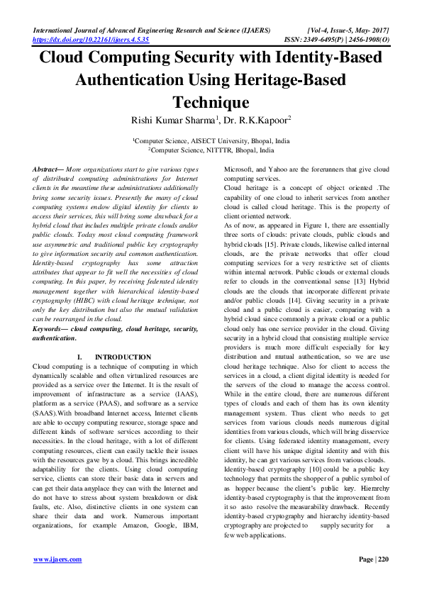 Pdf Cloud Computing Security With Identity Based Authentication Using Heritage Based Technique