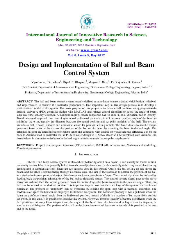 (PDF) Design and Implementation of Ball and Beam Control System