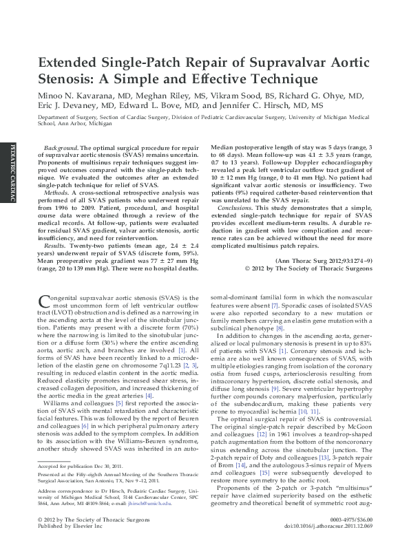 (PDF) Extended Single-Patch Repair of Supravalvar Aortic Stenosis: A ...