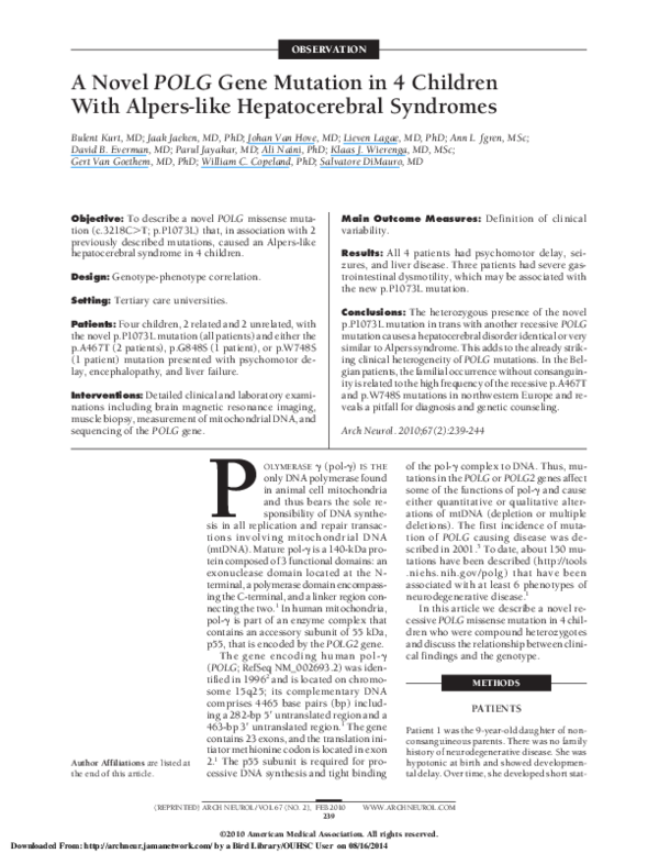 (PDF) A Novel POLG Gene Mutation in 4 Children With Alpers-like ...