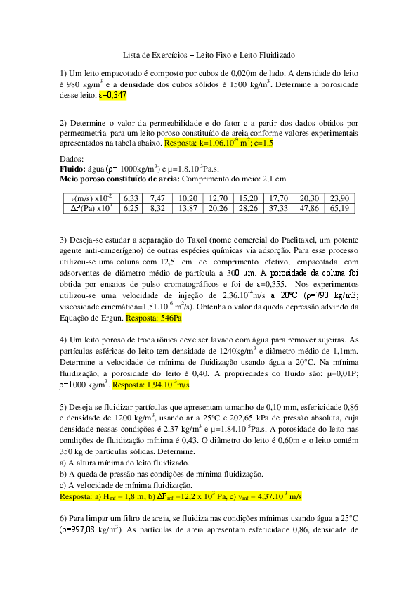 (PDF) Lista de Exercicios Leito fixo e fluidizado