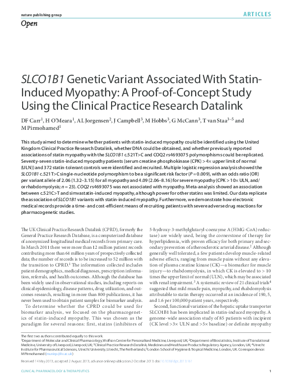 (PDF) SLCO1B1 genetic variant associated with statin-induced myopathy ...