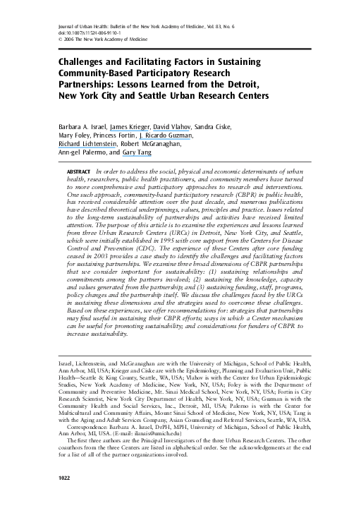 (PDF) Challenges and Facilitating Factors in Sustaining Community-Based Participatory Research ...