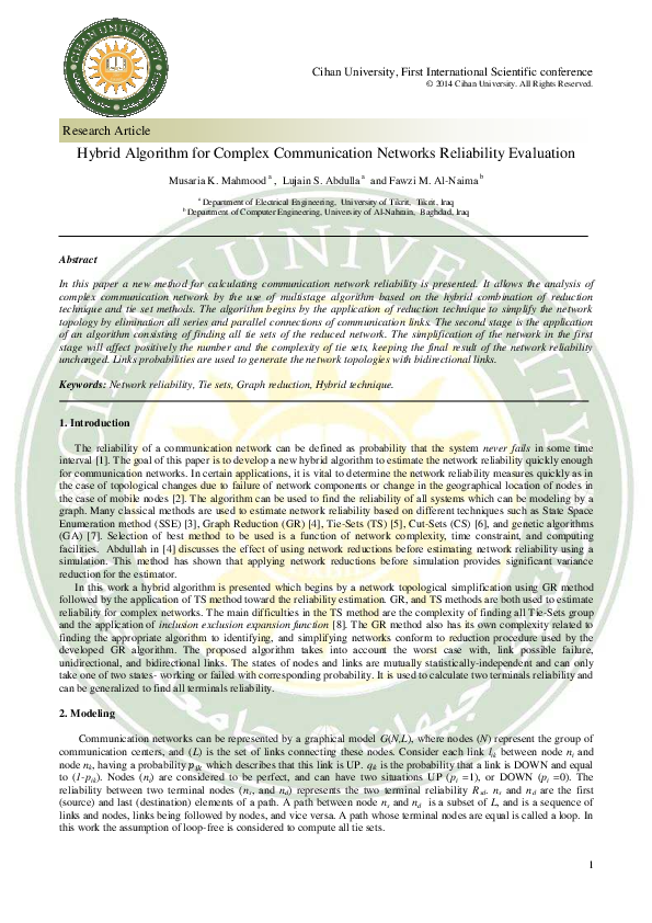 Pdf Hybrid Algorithm For Complex Communication Networks Reliability