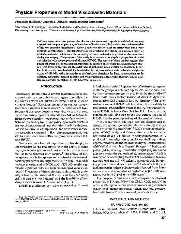 (PDF) Physical properties of model viscoelastic materials | Frederick Silver - Academia.edu