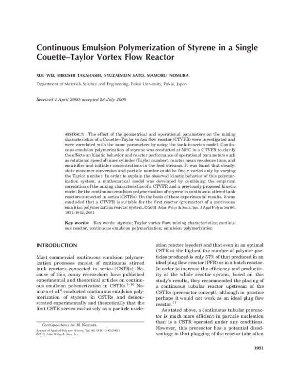 Pdf Continuous Emulsion Polymerization Of Styrene In A Single Couette Taylor Vortex Flow Reactor