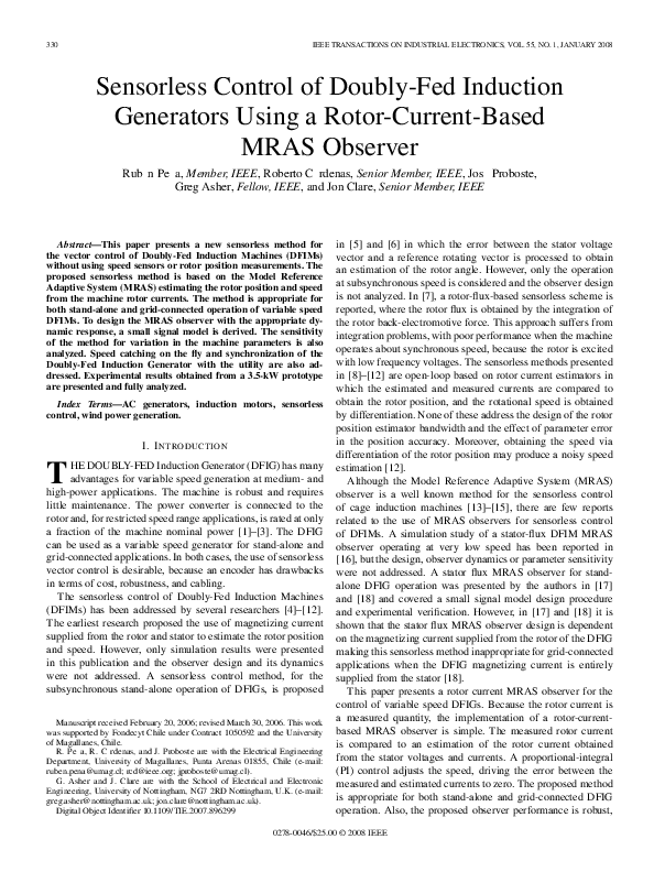 Pdf Sensorless Control Of Doubly Fed Induction Generators Using A Rotor Current Based Mras
