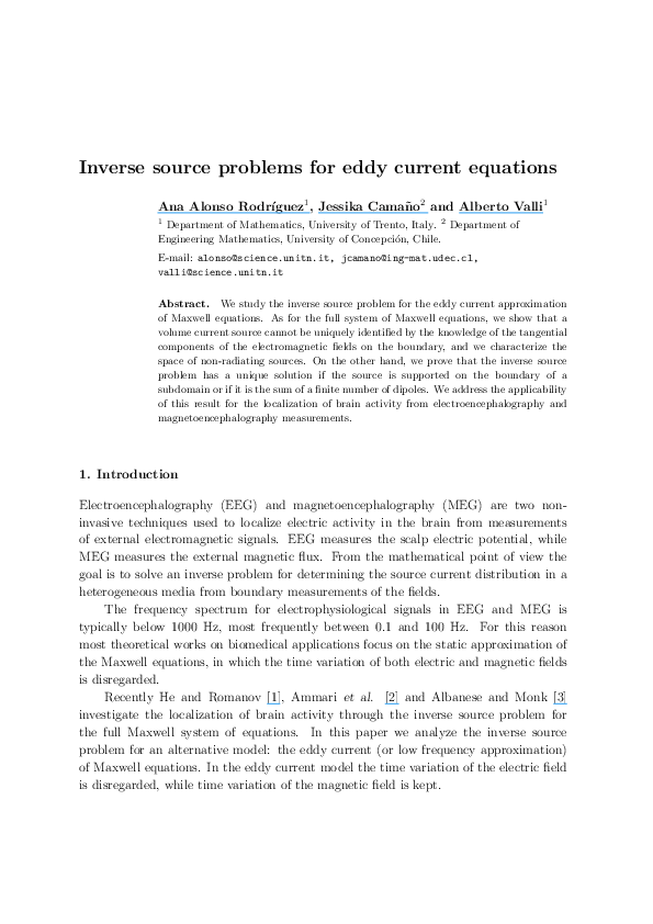 Pdf Inverse Source Problems For Eddy Current Equations