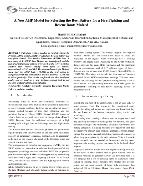 (PDF) A New AHP Model for Selecting the Best Battery for a Fire ...
