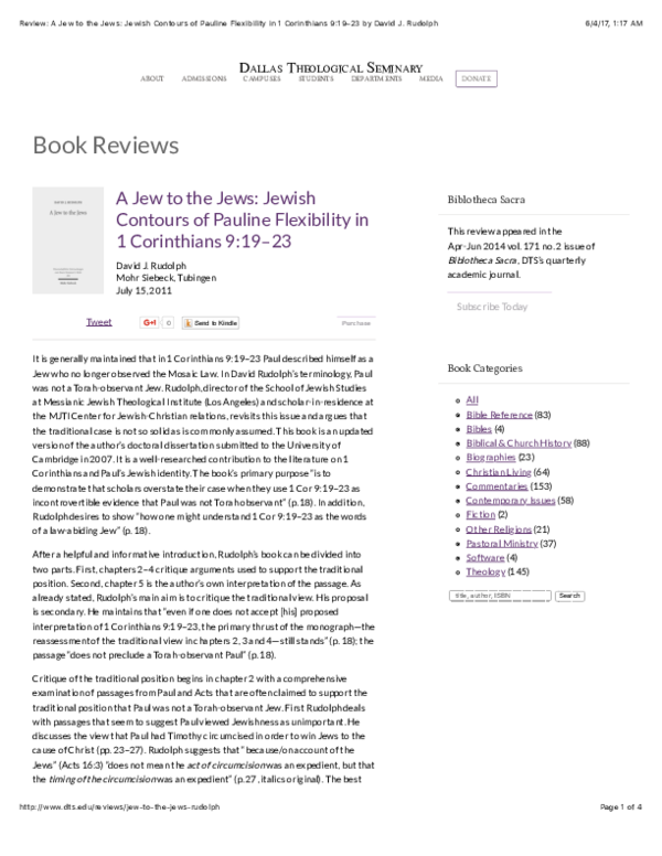 (PDF) Joseph D. Fantin, review of David J. Rudolph, A Jew to the Jews ...