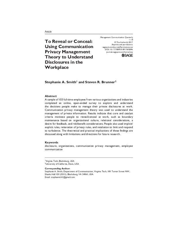 (PDF) To Reveal or Conceal: Using Communication Privacy Management ...