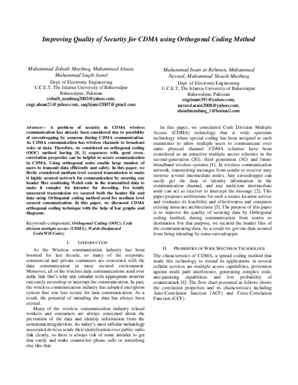 Pdf Improving Quality Of Security For Cdma Using Orthogonal Coding Method