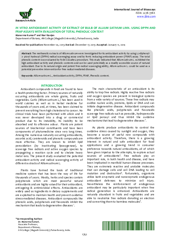 (PDF) IN VITRO ANTIOXIDANT ACTIVITY OF EXTRACT OF BULB OF ALLIUM SATIVUM LINN. USING DPPH AND ...