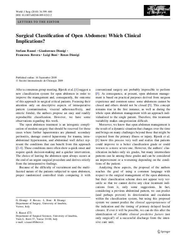 (PDF) Surgical Classification of Open Abdomen: Which Clinical Implications?