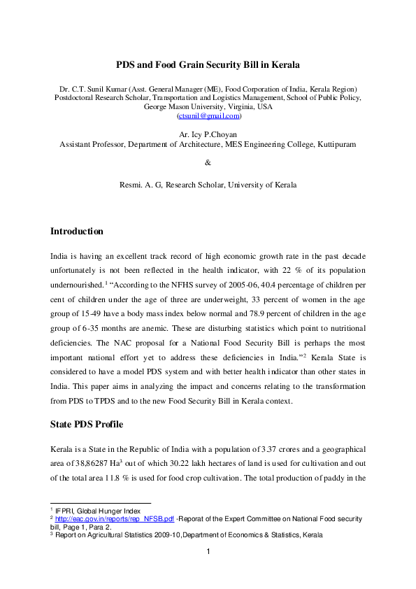 (PDF) PDS and Food Grain Security Bill in Kerala