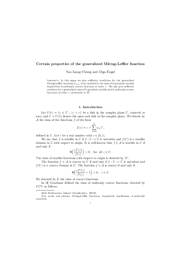 Pdf Certain Properties Of The Generalized Mittag Leffler Function