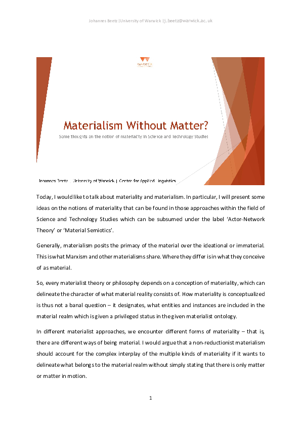 (PDF) Materialism Without Matter? Some thoughts on the notion of ...