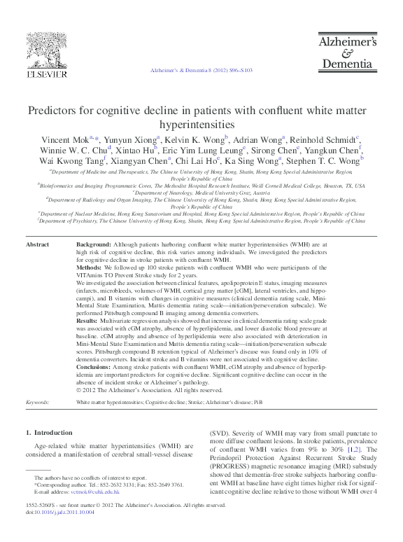 (PDF) Predictors for cognitive decline in patients with confluent white matter hyperintensities