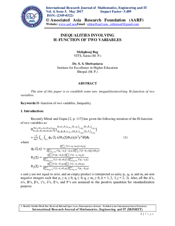 (PDF) INEQUALITIES INVOLVING H–FUNCTION OF TWO VARIABLES