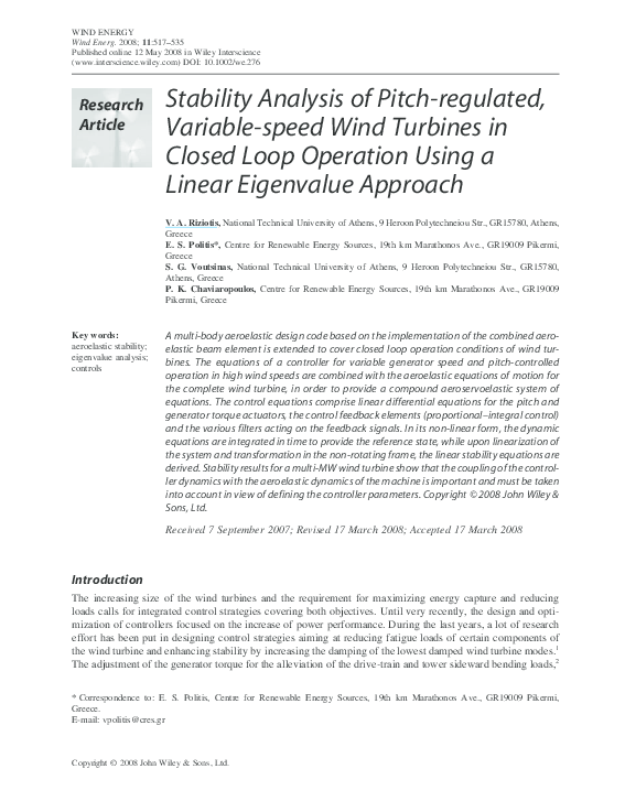 (PDF) Stability Analysis of Pitch-regulated, Variable Speed Wind Turbines in Closed Loop ...