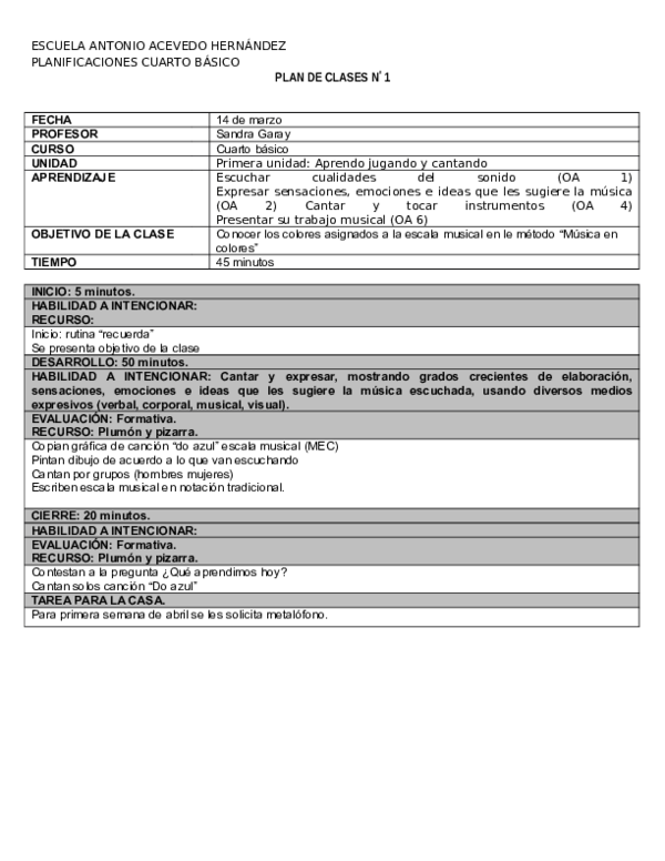 (DOC) PLAN DE CLASES N º 1