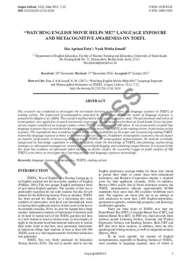 Pdf Watching English Movie Helps Me Language Exposure And Metacognitive Awareness On Toefl