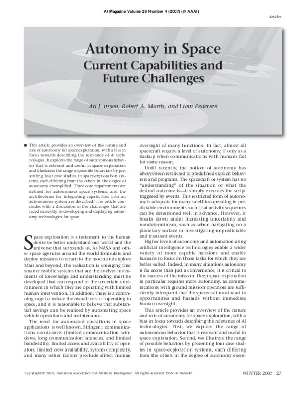 (PDF) Autonomy in Space: Current Capabilities and Future Challenge